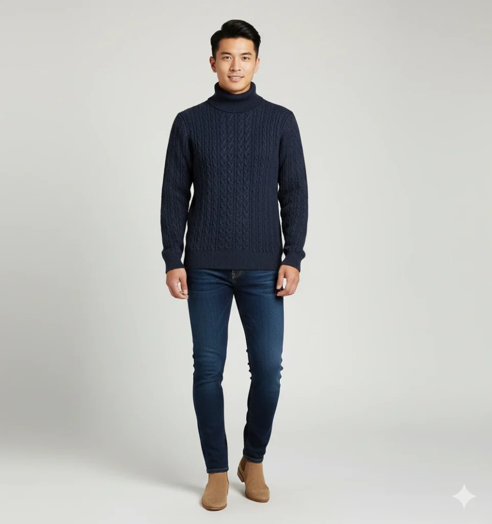 Navy blue premium cable knit turtleneck pullover – Oxolondon Clothing store